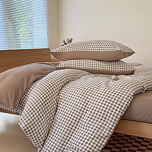 NSNLGSGC Queen Gingham Grid Duvet Cover Set Tan- Washed Microfiber Plaid Comforter Cover Set Brown Soft & Lightweight Breathable Clean Bedding Set(3PCS, Queen)