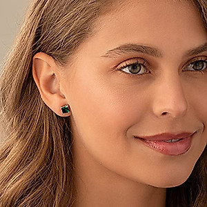 Peora Simulated Emerald Stud Earrings 925 Sterling Silver, Solitaire Scroll Gallery, 2 Carats Total Princess Cut 6mm, Friction Back