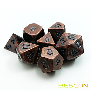 Bescon Antique Copper Solid Metal Polyhedral D&D Dice Set of 7 Old Copper Metal RPG Role Playing Game Dice 7pcs Set