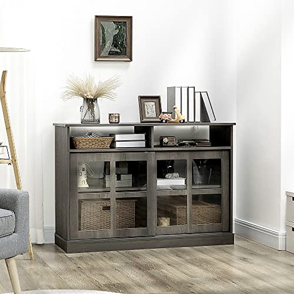 HOMCOM Sideboard with Glass Sliding Doors, Buffet Cabinet, Coffee Bar Cabinet with Adjustable Shelf, Dark Grey