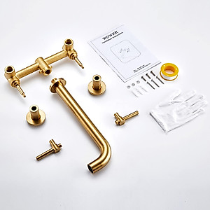 Wowkk Wall Mount Tub Filler Brushed Gold Tub Faucet Brass Bathroom Bathtub Faucets with 2 Handles