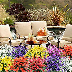 TEMCHY Artificial Outdoor Flowers, 8 Bundles Fake UV Resistant Foliage Greenery Faux Plants Shrubs Plastic Bushes for Indoor Outside Hanging Planter Wedding Farmhouse Decor (Red)