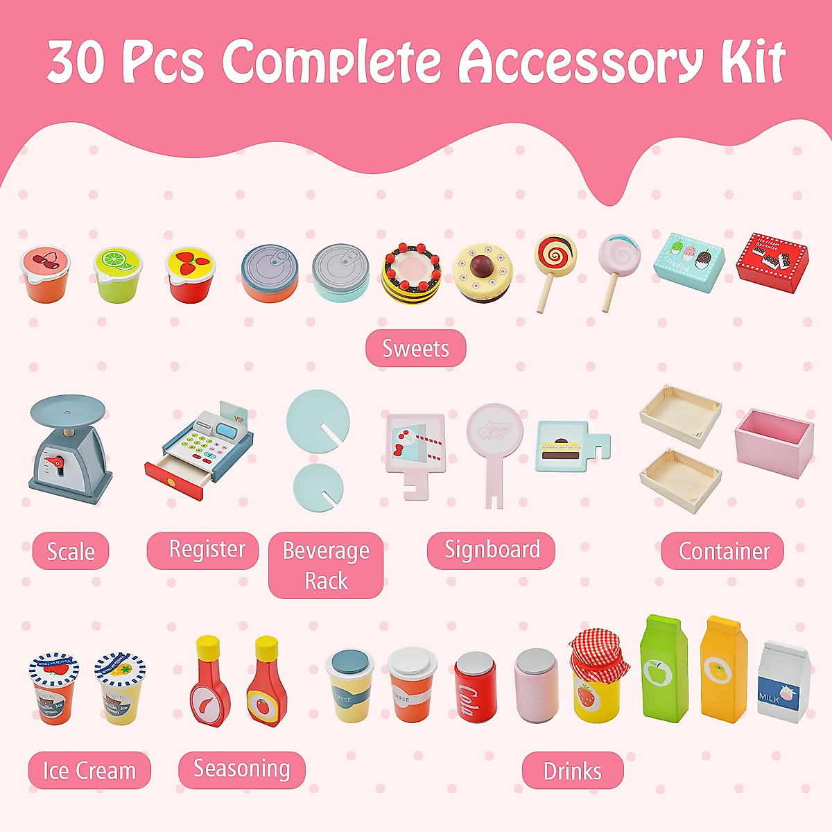 HONEY JOY Kids Food Cart, 30-Piece Toddler Pretend Play Grocery Store Playset w/Cash Register & Scale, Wooden Dessert Shop Play Market, Children Beverage Stand Cart w/Wheels, Gift for Boys Girls