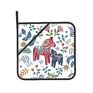 Floral Swedish Dala Horse Oven Mitts and Pot Holders Sets Kitchen Oven Gloves BBQ Gloves Pot Holders for Cooking Baking