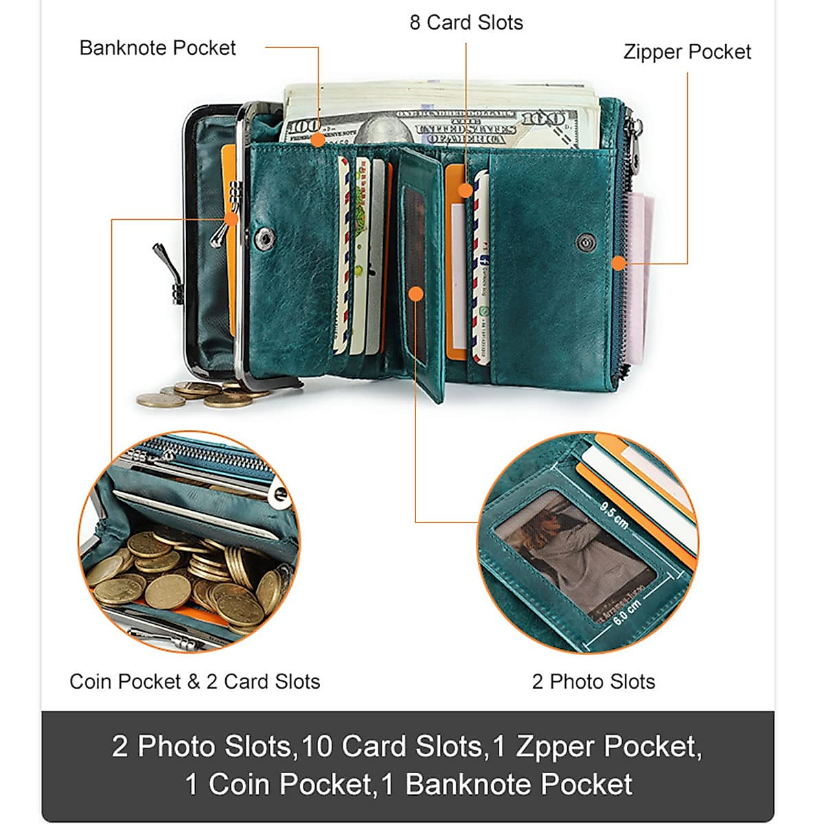 Contacts Womens Kiss Lock Wallet Leather Small Zipper Coin Pocket for Women Blue Bifold Rfid Clasp Purse Card Holder with Photo Window