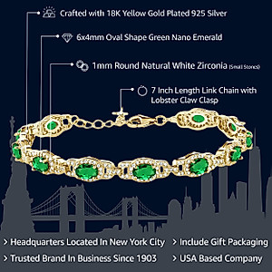Gem Stone King 18K Yellow Gold Plated Silver Green Simulated Emerald Tennis Bracelet For Women (8.00 Cttw, Oval 6X4MM, 7 Inch With 1 Inch Extender)