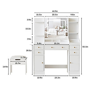 Vabches Vanity Desk with Lights, Makeup Vanity Table with Charging Station, 44.9in Big Vanity Set with 5 Drawers & Lots Storage Space, White
