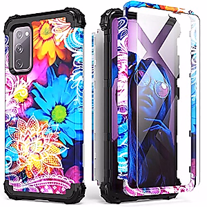 Galaxy S20 FE 5G Case with Tempered Glass Screen Protector(2020/2022 Released),IDweel Hybrid 3 in 1 Shockproof Heavy Duty Protection Hard PC Cover Soft Silicone Bumper Full Body Case for Women,Flower