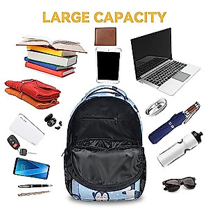 KNOWPHST Penguin Backpacks for Girls, 16 Inch Cute Backpack for School, Blue, Large Capacity, Durable, Lightweight Bookbag for Boys Travel
