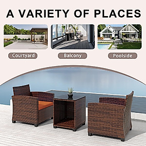 XZHQHB Patio Furniture Set of 3 Wicker Sofa Set with Soft Cushion Bistro Conversation Set Porch Outdoor PE Rattan Garden Chairs Sets with Tempered Glass Top Coffee Table, Brown and Orange