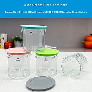 CUTIECLUB Pack of 4 Ice Cream Pint Containers and Lids for Ninja CREAMi Breeze NC100 & NC200 Series CREAMi Ice Cream Makers, Replacement Cups BPA-Free & Dishwasher Safe