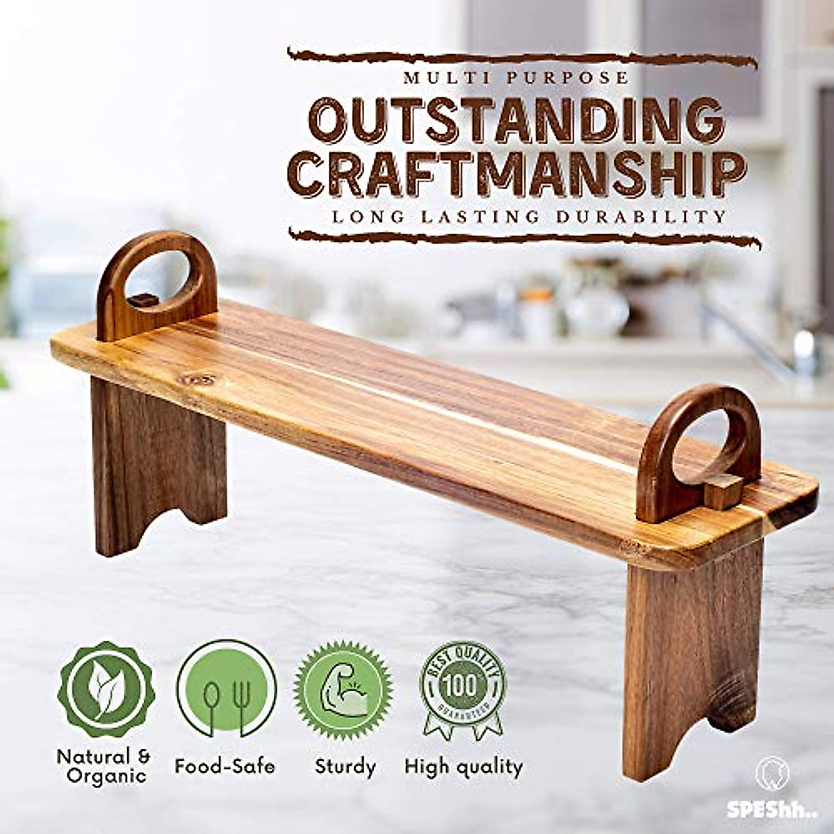SPEShh Acacia Wooden Serving Board on Stand – Raised Wood Serving Trays Platter – Elegant Home Kitchen Countertop Organizer Shelf & Large Charcuterie Tray for Cheese Party Food 21.5 X 6 x 8.7 inches