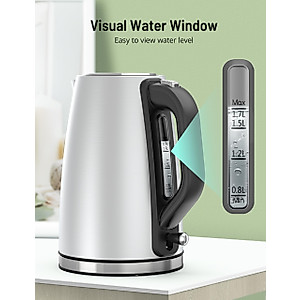 Electric Kettle, Paris Rhone 1.7L Electric Kettles for Boiling Water, Stainless Steel Hot Water Boiler Heater, BPA-Free, Auto Shutoff, Boil-Dry Protection, LED Indicator, Coffee and Tea, Silver