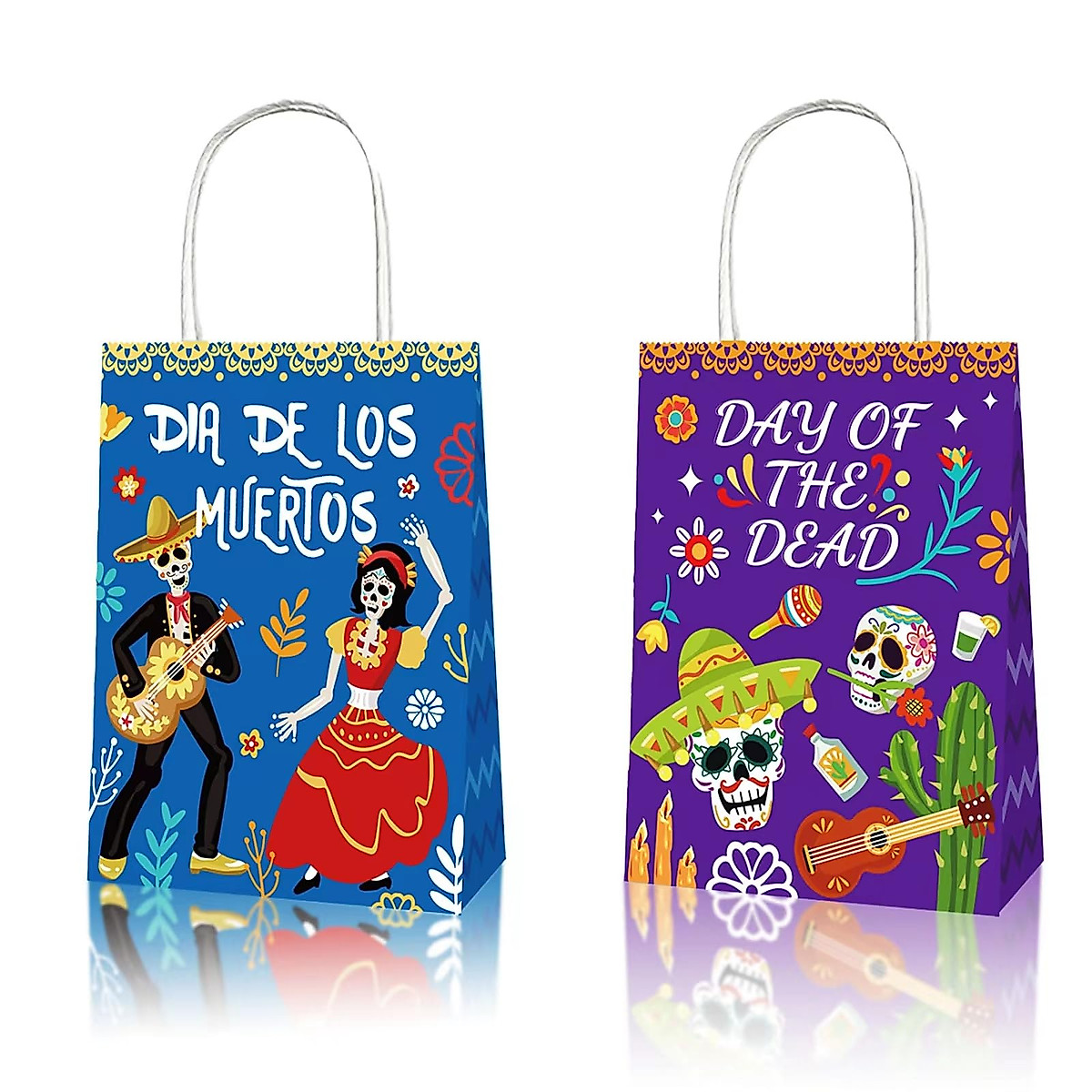 YVAINE 12 Pieces Day of The Dead Gift Bags with Handle Dia De Los Muertos Paper Party Favor Bags Sugar Skull Paper Bag for Halloween Birthday Party Decoration Mexican Fiesta Party Supplies