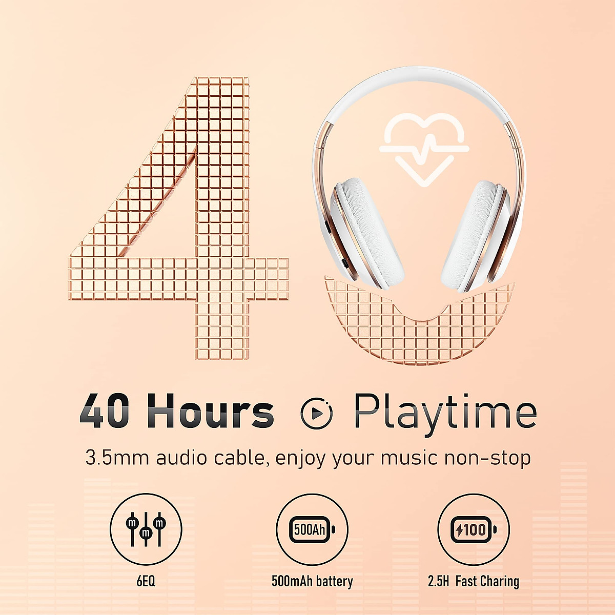 Bluetooth Headphones Over Ear, 6S Foldable Wireless Headphones with 6 EQ Modes, 40 Hours Playtime HiFi Stereo Headset with Mic, Soft Ear Pads, TF/FM for Cellphone/PC/Home (White & Gold)