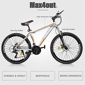 Max4out Mountain Bike 26 Inch Wheel 7/21 Speed Mountain Bicycle for Men and Women, High Carbon Steel Frame Road Bike with Daul Disc Brakes(Silver)