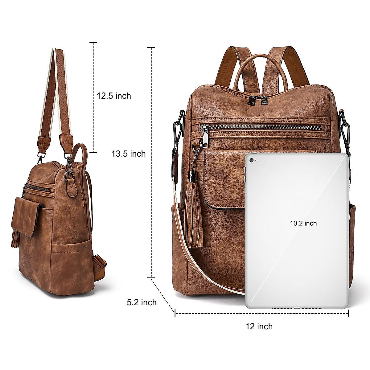 CASEEK Womens Backpack Purse Leather: Fashion Convertible Ladies Shoulder Bag Waterproof Anti theft with Wristlet (Two-tone Brown)