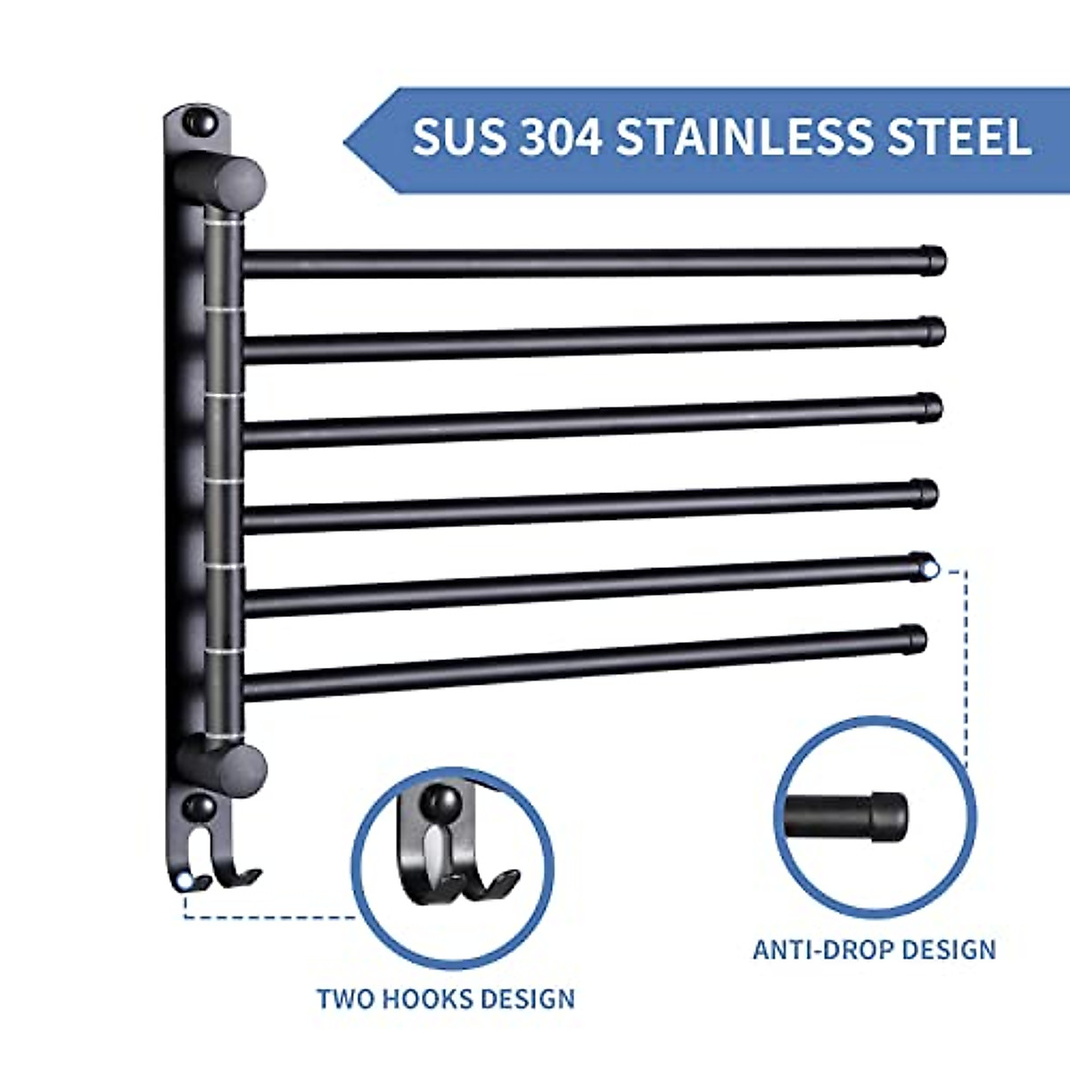 Swivel Towel Rack, Towel Bar with Wall Mounted 180° Rotation, 6-Arms Towel Hanger for SUS 304 Stainless Steel, Space Saving for Kitchen/ Bathroom, Matte Black