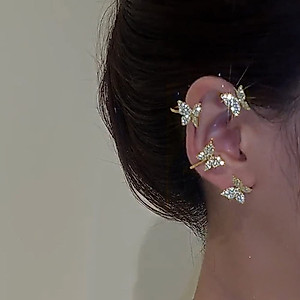 Jumwrit Rhinestone Butterfly Ear Cuffs Non Piercing Ear Clips Ear Cuffs Climber Crawler Earrings Ear Wrap Around Earrings for Women and Girls（Gold）