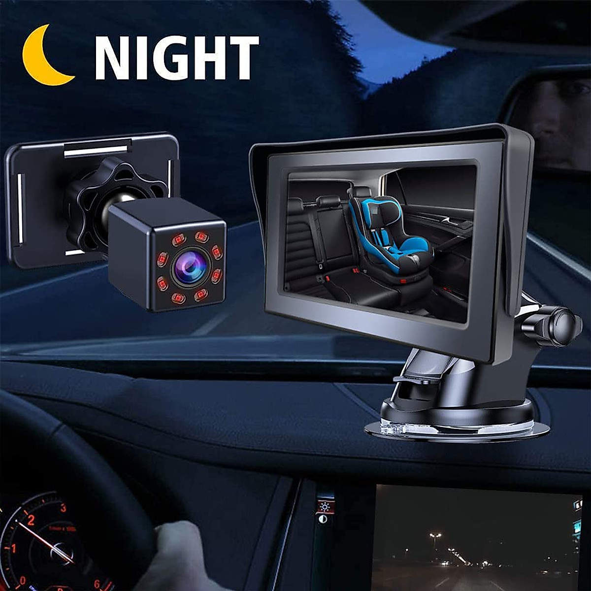 Baby Car Mirror Baby Rear Facing Seat Camera, Baby Car Seat Mirror Camera with Wide Crystal Clear View Monitor, Great Night Vision, Adjustable Sucker Bracket, Easily Observe The Baby's Move
