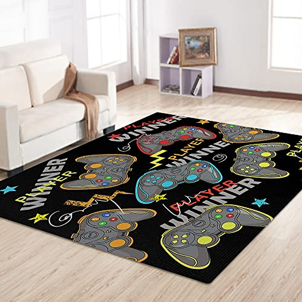 Gaming Room Carpet Rugs for Kids Teen Boys Bedroom, Gamer Room Decor Area Rug Carpet for Men Teenage, Non Slip Gamepad Gaming Chair Rug Mat for Playroom Wood Floor Living Room Desk Carpet, 59"*39"
