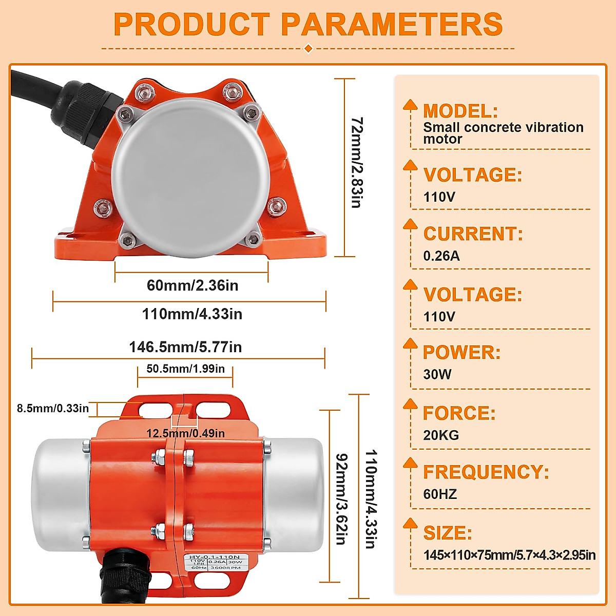 JIAWANSHUN 30W Small Concrete Vibrator Screen, Vibration Motor with Speed Controller and US Plug, Waterproof Vibrating Motor Single Phase AC 110V 3600RPM For Sand Shaking Table