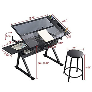 Waful Height Adjustable Drafting Tables, Glass Drawing Art Table, Art Artists Desk, Tilting Tabletop Paintings Work Station Artist Table -2 Storage Drawer for Reading, Writing Art Craft Work Station
