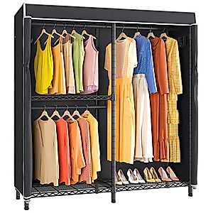 VIPEK V4C Double Clothing Rack with Cover Protable Closet for Hanging Clothes, Heavy Duty Garment Rack Metal Wardrobe Storage System with Adjustable Shelves & 2 Side Hooks, Black Rack with Black Cover
