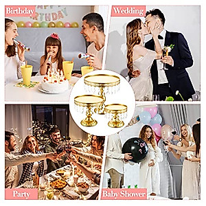3 Pcs Rose Gold Cake Stand Set Round Cake Stand with Crystal Bling Pendants Dessert Table Display Set for Wedding Event Birthday Party Dessert Table (Gold)