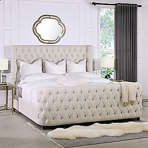 Jennifer Taylor Home Harmonie Upholstered Shelter Headboard Bed Set, King (U.S. Standard), Light Beige Linen