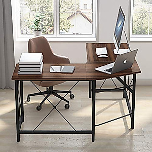 Coral Flower L-Shaped Desks for Home Office - Corner Computer Desk Writing Table Workstation - Sturdy Gaming Desk PC Laptop Dark Brown