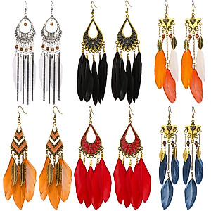 6 Pairs Women Feather Earrings Bohemian Fringe Tassel Long Drop Dangle Earrings Set with Dream Catcher Design Boho Earrings for Women Girls Birthday Christmas Holiday Party (style 4)