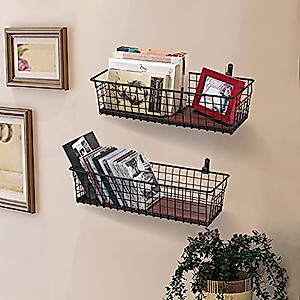 2 Set [Extra Large] Portable Metal Farmhouse Wall Decor Storage Organizer Basket Bin with Handles and Floating Shelves for Hanging in Bathroom,Kitchen,Office-Wall Mount Hooks Included (2, Black)