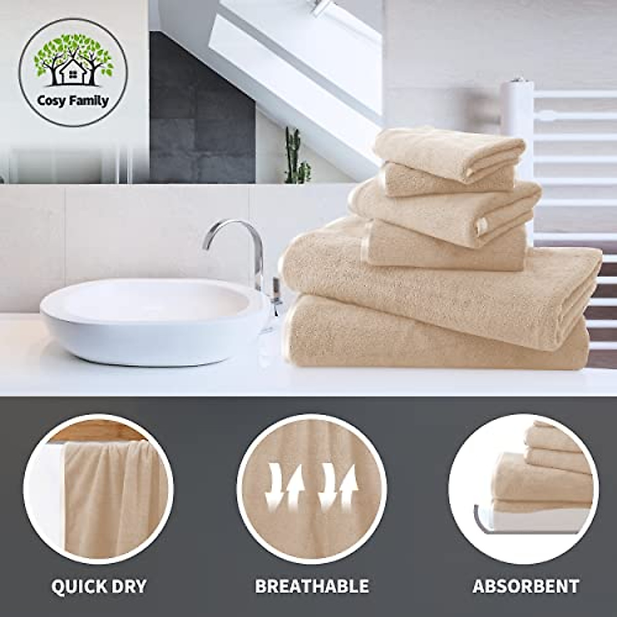 Cosy Family Microfiber 8-Piece Towel Set, 2 Bath Towels, 2 Hand Towels, and 4 Wash Cloths, Ultra Soft Highly Absorbent Towels for Bathroom, Gym, Hotel, Beach and Spa (Brown)
