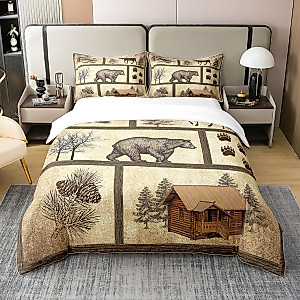 Rustic Farmhouse Style 100% Organic Cotton Comforter Cover Hunt Bear Deer Elk Duvet Cover Set Queen Size for Bedroom Vintage Cabin Pine Print Bedding Set with 2 Pillowcases