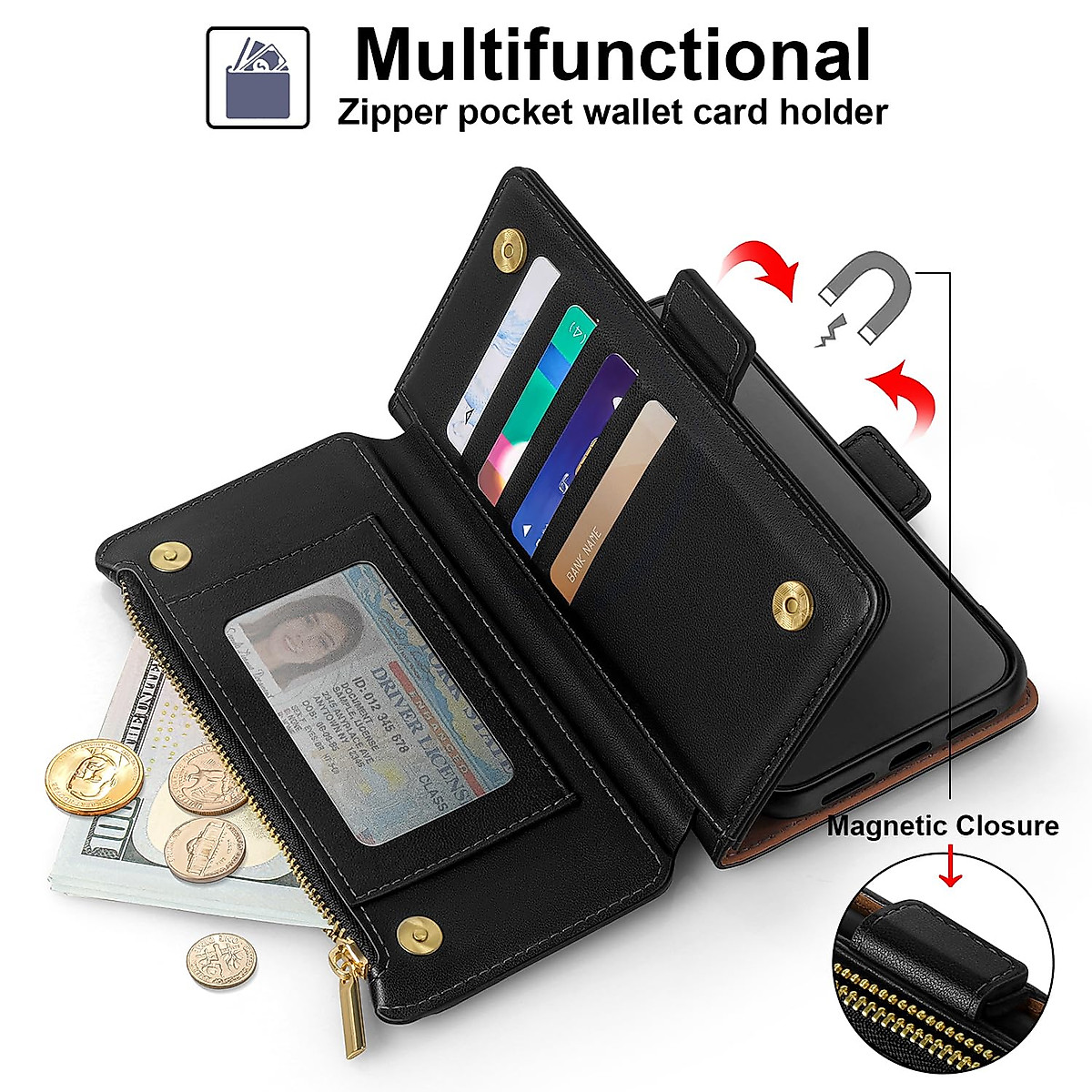 Antsturdy for iPhone 15 Pro Max Wallet Case【RFID Blocking】 PU Leather Phone Case Women Men flip Shockproof Protective Cover with Strap Zipper pocket Credit Card Slots,for Apple 15 ProMax,Black