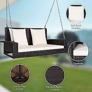 Tangkula 2-Person Wicker Hanging Porch Swing, Patiojoy Outdoor Rattan Swing Bench W/ 2 Back Cushions & 1 Seat Cushion, Sturdy Steel Chain, 800lbs Weight Capacity, Suitable for Deck, Backyard, Garden