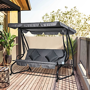 Outsunny 3-Seat Outdoor Patio Swing Chair, Converting Flatbed, Outdoor Swing Glider with Adjustable Canopy, Removable Cushion and Pillows, for Porch, Garden, Poolside, Backyard, Gray