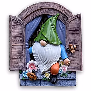 Hazel & Birch Outdoor Garden Gnome Out The Door Tree Hugger - Decoration - Large Statues for Yard, Lawn, Patio, Porch - Hand Painted, Window Gnome Figurine (Out The Door Bumblebee Gnome)