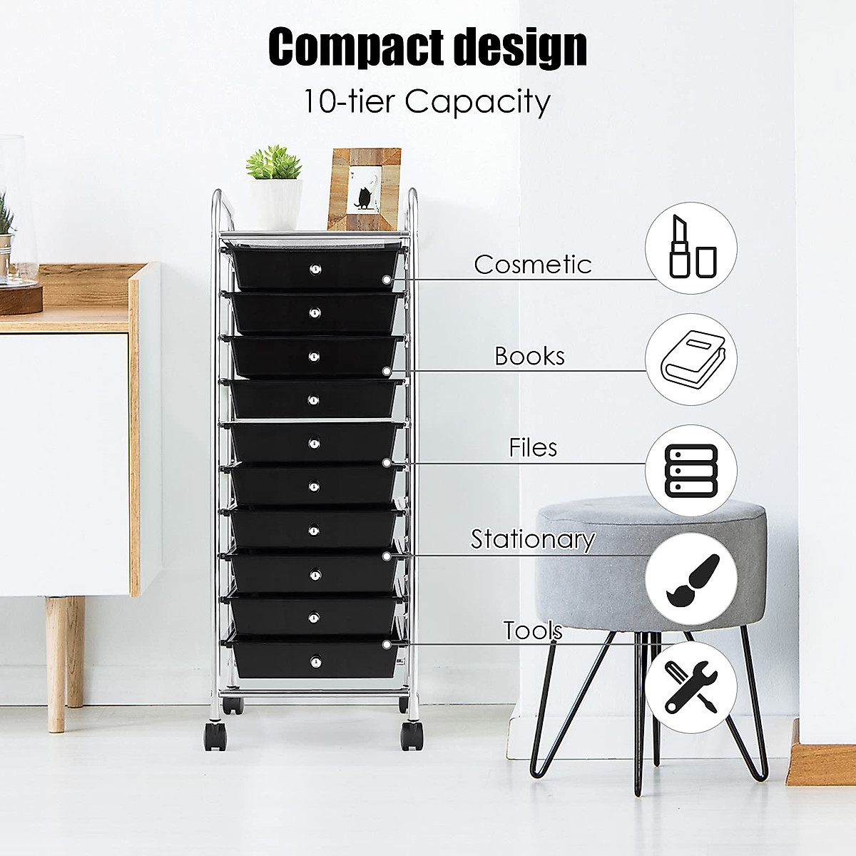 GOFLAME Rolling Drawer Cart with 10 Drawers, Utility Storage Organizer Cart with Wheels and Metal Frame, Art Cart for Office, School, Home, Black