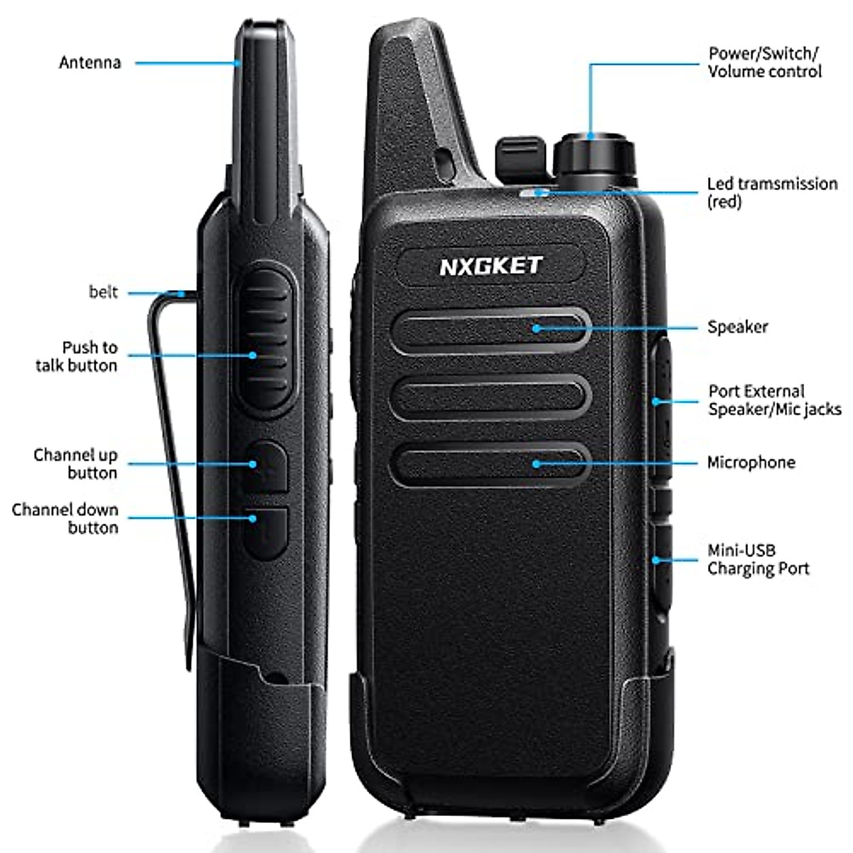 NXGKET Walkie Talkies for Adults Long Range 4 Pack, Rechargeable 2-Way Radio Walkie Talkie with 1500mAh Li-ion Battery Earpiece Charge Cable Belt Clip for Commercial Cruises Hunting Hiking
