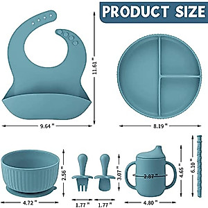 Silicone Baby Feeding Set, 2 adjustable bibs with food collectors, 1 suction cup divider, 1 suction cup, 1 sippy cup,1 stage 1 spoon and 1 fork, Baby Led Weaning Utensils,Toddler Self Feeding Set
