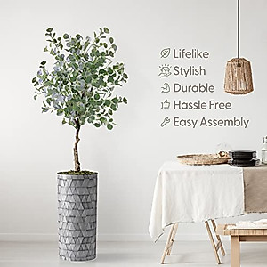 Artificial Tree in Modern Triangle Pattern Planter, Fake Eucalyptus Silk Tree for Indoor and Outdoor Home Decoration - 66" Overall Tall (Plant Pot Plus Tree)