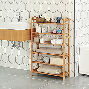 SONGMICS Bamboo Entryway Shoe Shelf Storage Organizer, Ideal for Hallway Bathroom Garden, 6-tier, Fresh Maple