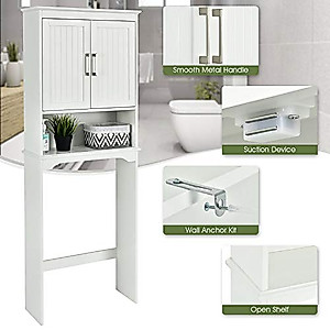 Giantex Over The Toilet Bathroom Space Saver Free Standing Toilet Rack with Adjustable Inner Shelf, Open Shelf and Double Doors 3-Shelf Bathroom Organizer, White