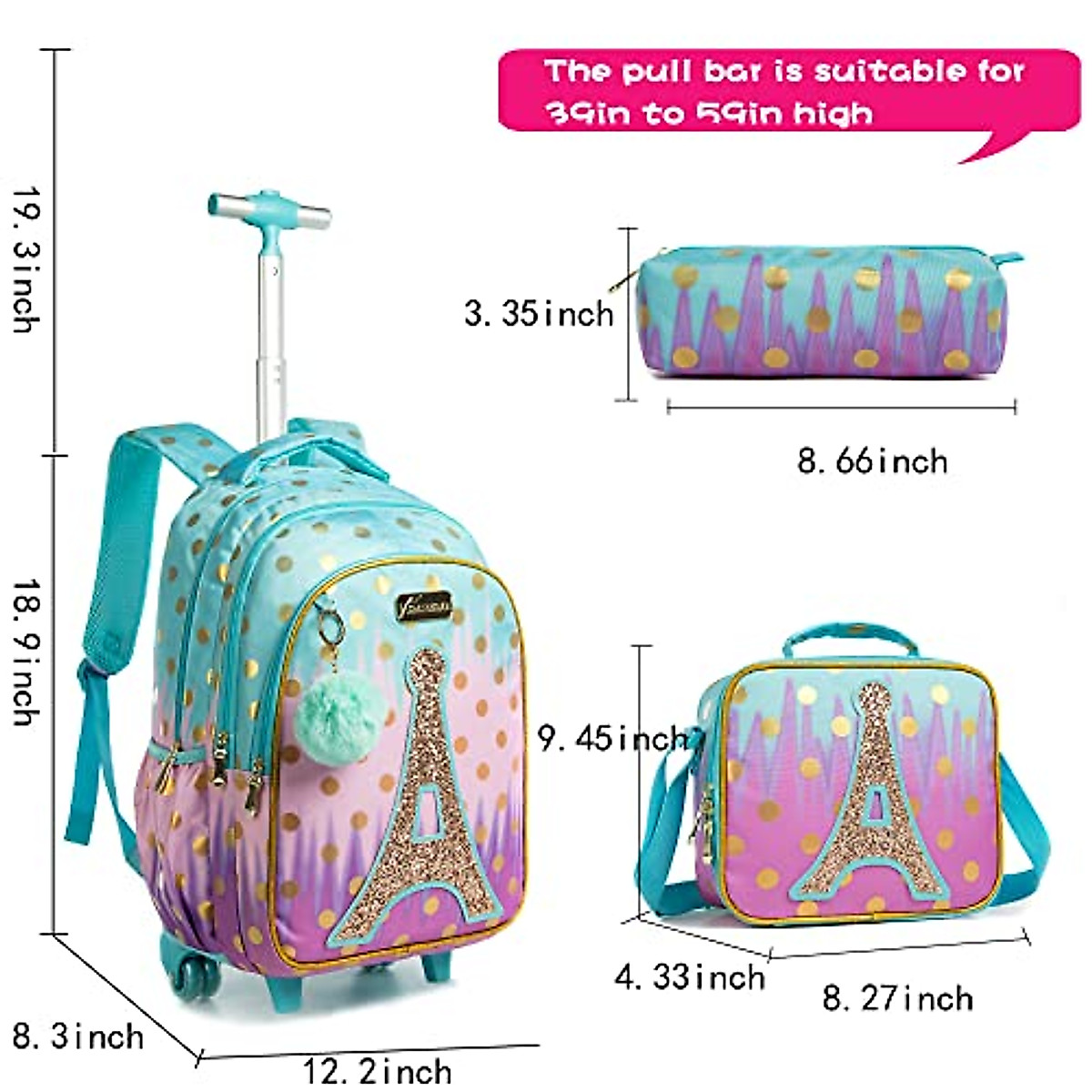 Jasminestar Rolling Backpack 18 inch Wheeled Kids Backpack with Insulated Lunch Bag and Pencil Case for Boys and Girls