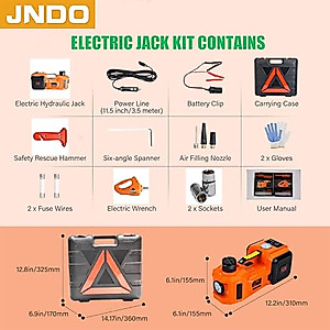 JNDO Electric Car Jack Kit 5 Ton Lifting Range 6.1 to 17.7 Inch Car Jack Hydraulic with Electric Wrench Floor Jack Built-in Inflatable Pump and Led Light Red