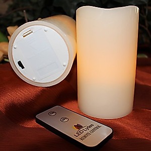 LED Lytes Remote Control Flameless Candle Set, 2 Fake Candles, 3 inches by 5 inches, Real Ivory Wax and Amber Flame, Halloween Decor, Large Battery Powered Pillar for Gifts for Mom