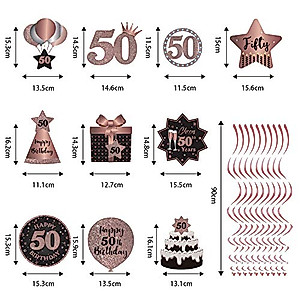 Happy 50th Birthday Party Hanging Swirls Streams Ceiling Decorations, Celebration 50 Foil Hanging Swirls with Cutouts for 50 Years Rose Gold Birthday Party Decorations Supplies