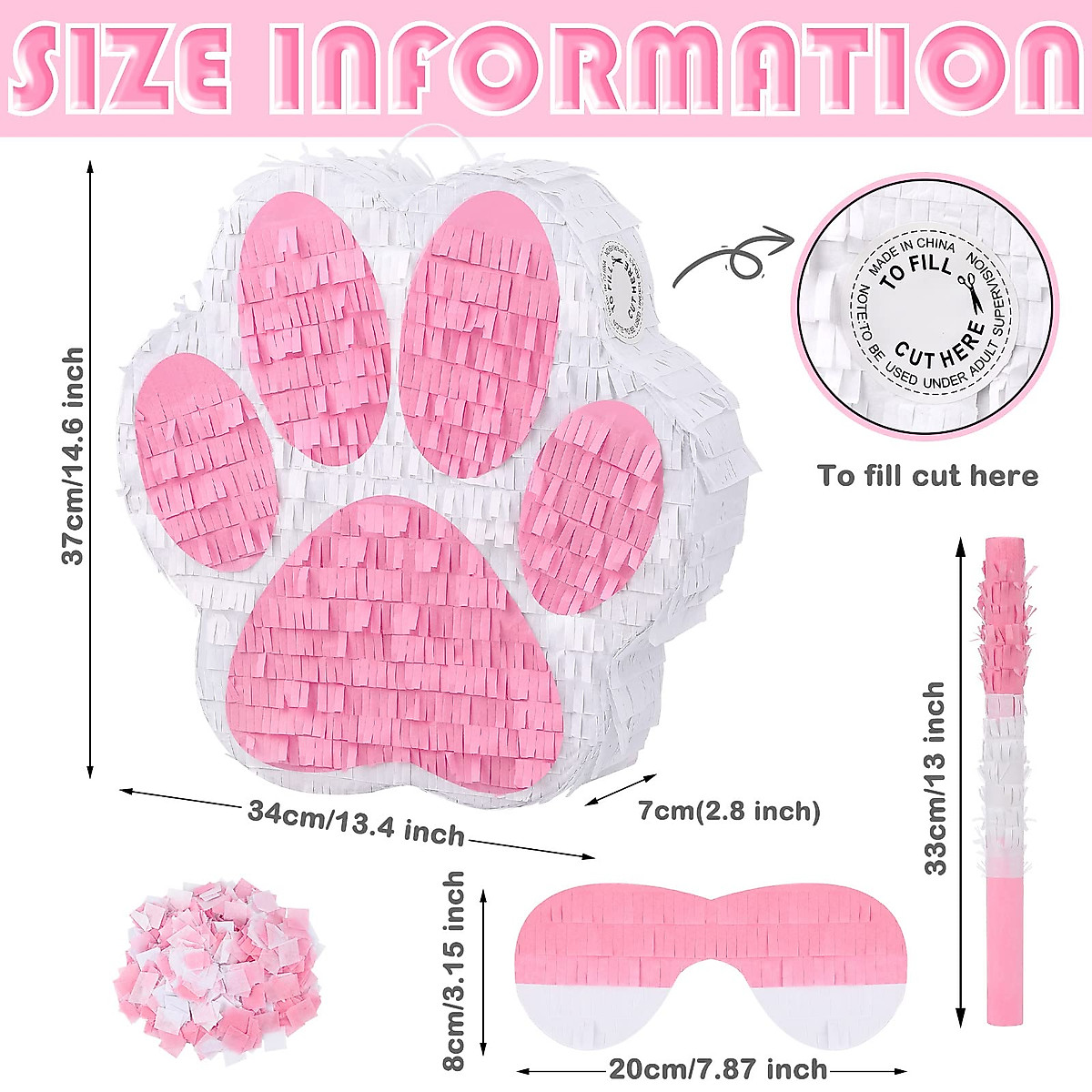 Small Dog Paw Piñata Puppy Birthday Party Supplies Animal Themed Birthday Piñata with Blindfold Bat Confetti for Pet Cow Themed Party Baby Shower Decorations Favors(Pink)